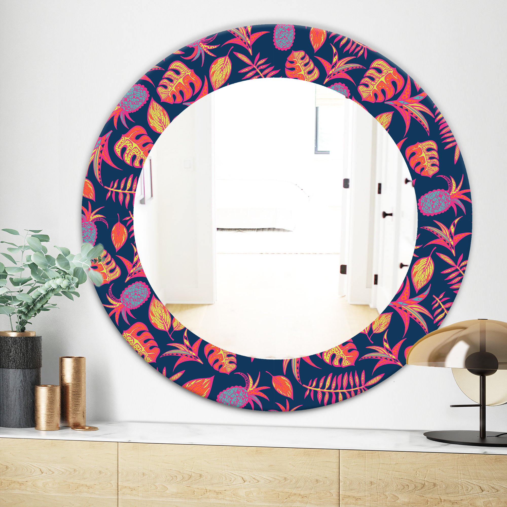 Tropical Mood Pineapple 1 Bohemian Frameless Round Wall Mirror, 32x32 ...