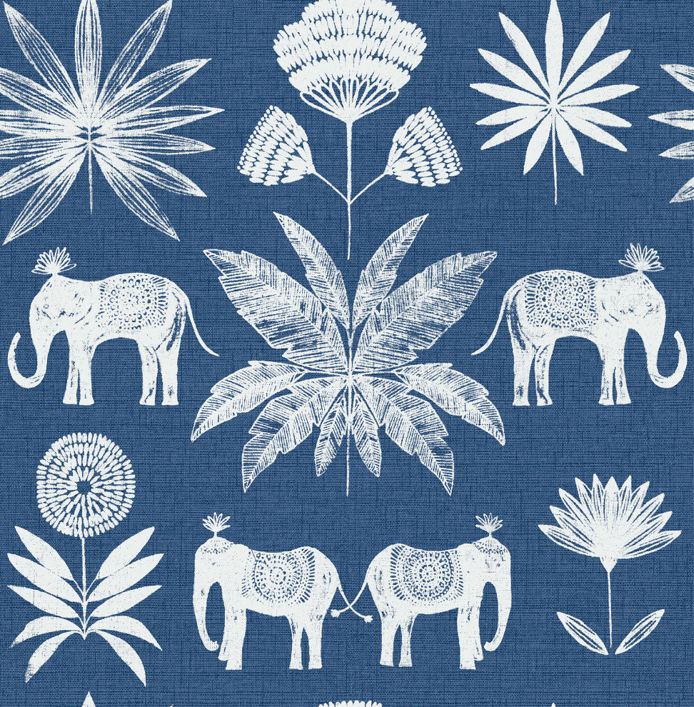 Bazaar Blue Elephant Oasis Wallpaper, Bolt - Tropical - Wallpaper - by ...