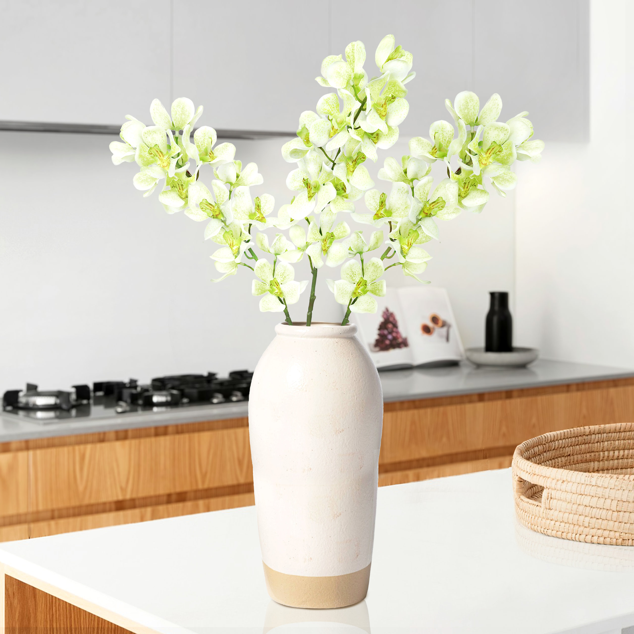 Set of 3 Cream Green Artificial Vanda Orchid Flower Stem Tropical Spray ...