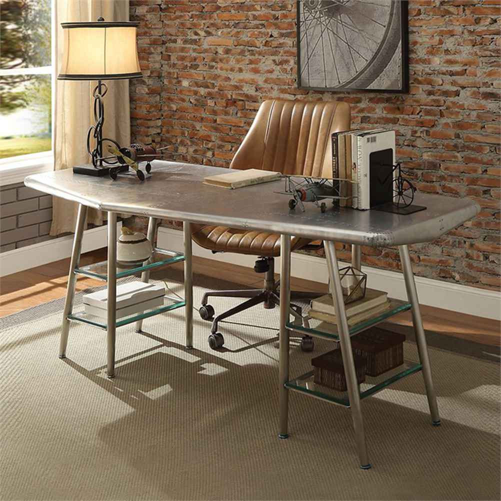 ACME Brancaster Metal Writing Desk With 4 Glass Shelves, Aluminum ...