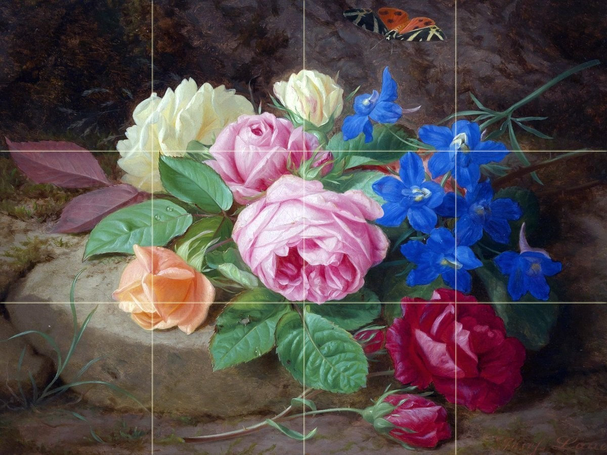 Tile Mural, A Bouquet of Roses and Butterfly, 8" Ceramic, Glossy ...
