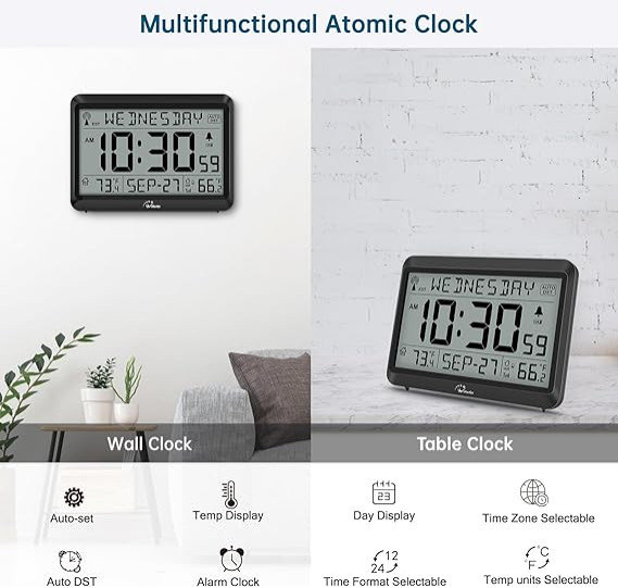 Atomic Clock with Indoor Outdoor Temperature, Self-Setting Digital Wall ...