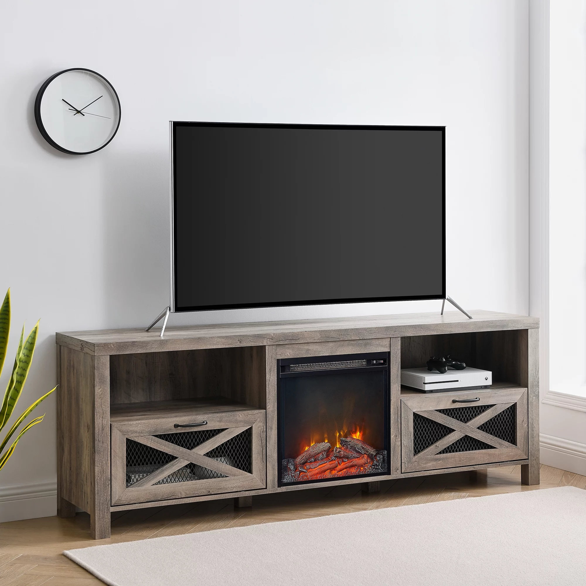 Farmhouse TV Stand with Fireplace and X-Accent Mesh Doors for TVs up to ...
