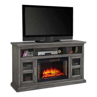 Dark Weathered Grey Media Console with Electric Fireplace and Glass ...