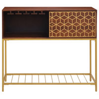 Benzara UPT-276809 Wood Bar Cabinet, Metal Frame, Screen Print, Brown ...