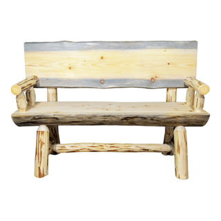 Montana Collection Half Log Bench With Back and Arms, 4' - Rustic ...
