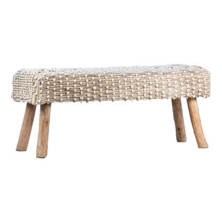 Marlie 48" Long Handwoven Natural Wool and Eucalyptus Wood Bench ...