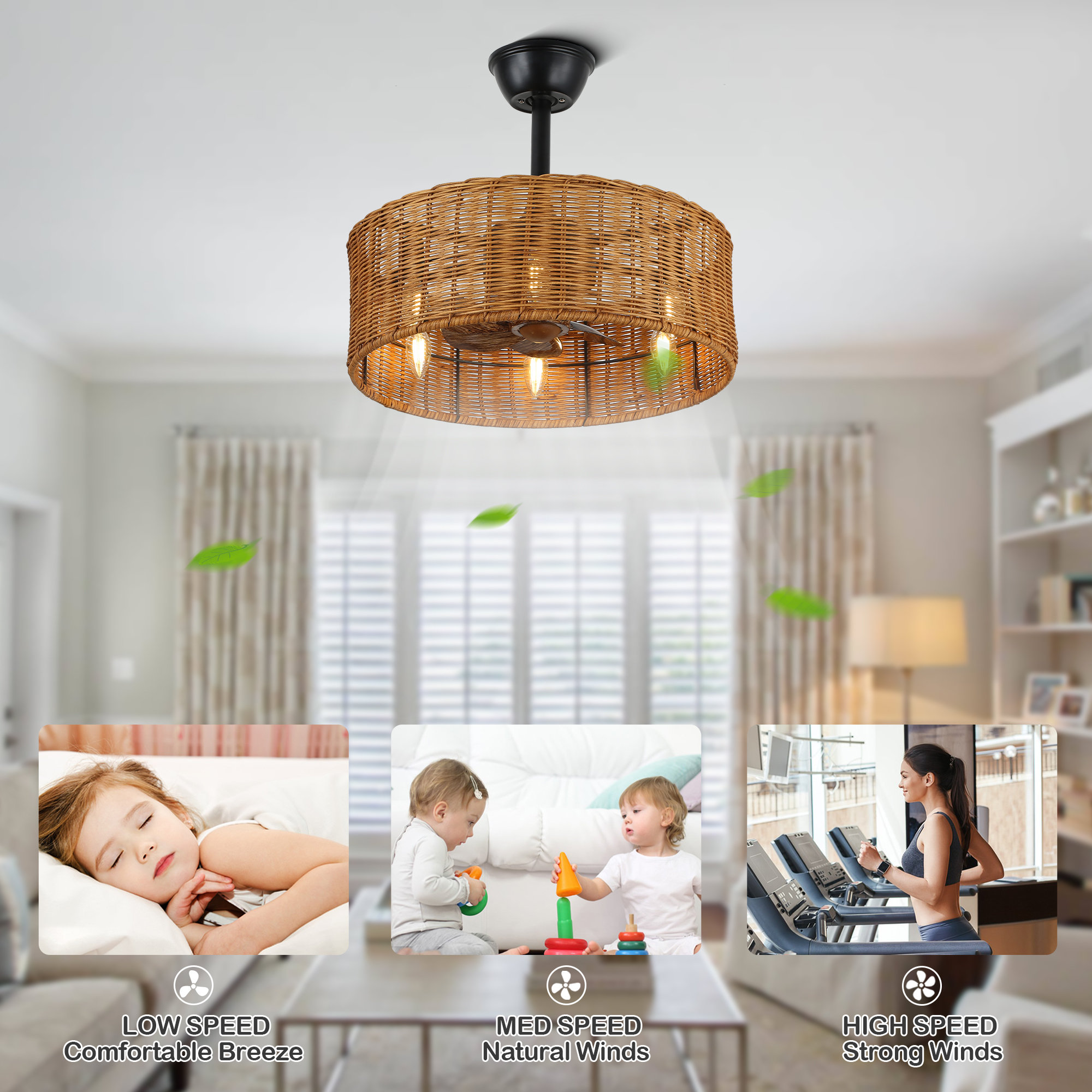 18In Rattan Weaving Ceiling Fan 6-Light 3-Speed with Remote and Light ...