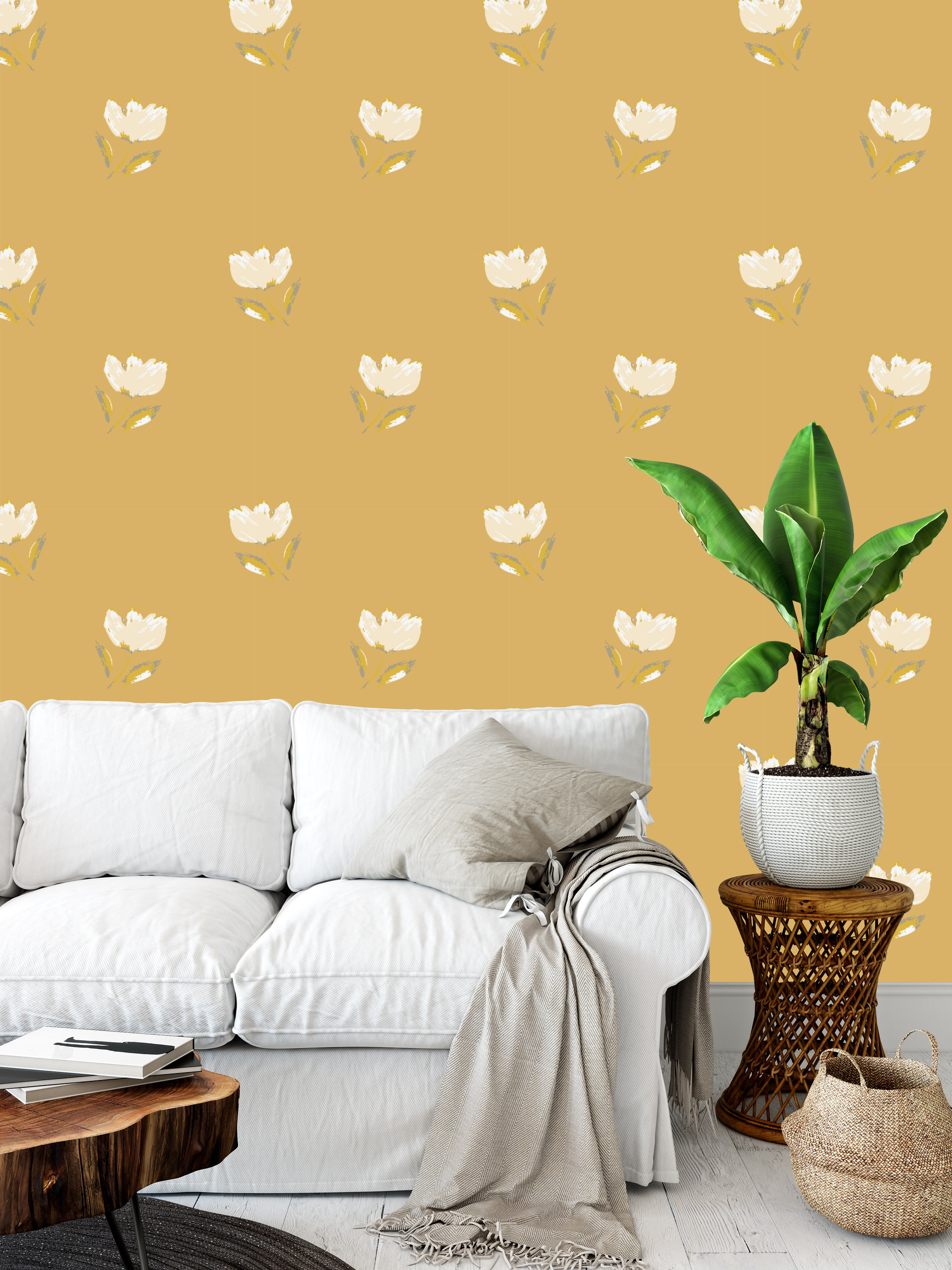 Tiny Flower Ocra Wallpaper by Monor Designs, 24"x72" - Contemporary ...