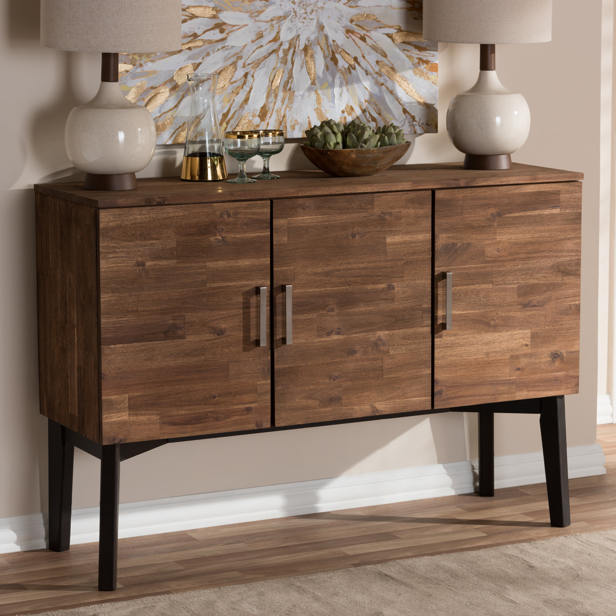 Baxton Studio Selena Mid-Century Modern Brown Wood 3-Door Sideboard ...