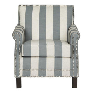 Jennifer Club Chair With Awning Stripes Silver Nail Heads Grey/ White ...
