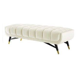 Modern 60" Velvet Bench with Golden-Capped Angled Legs and Tufted Seat ...