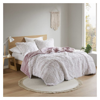 Malea Shaggy Faux Fur Comforter Mini Set in Pink/White Color ...