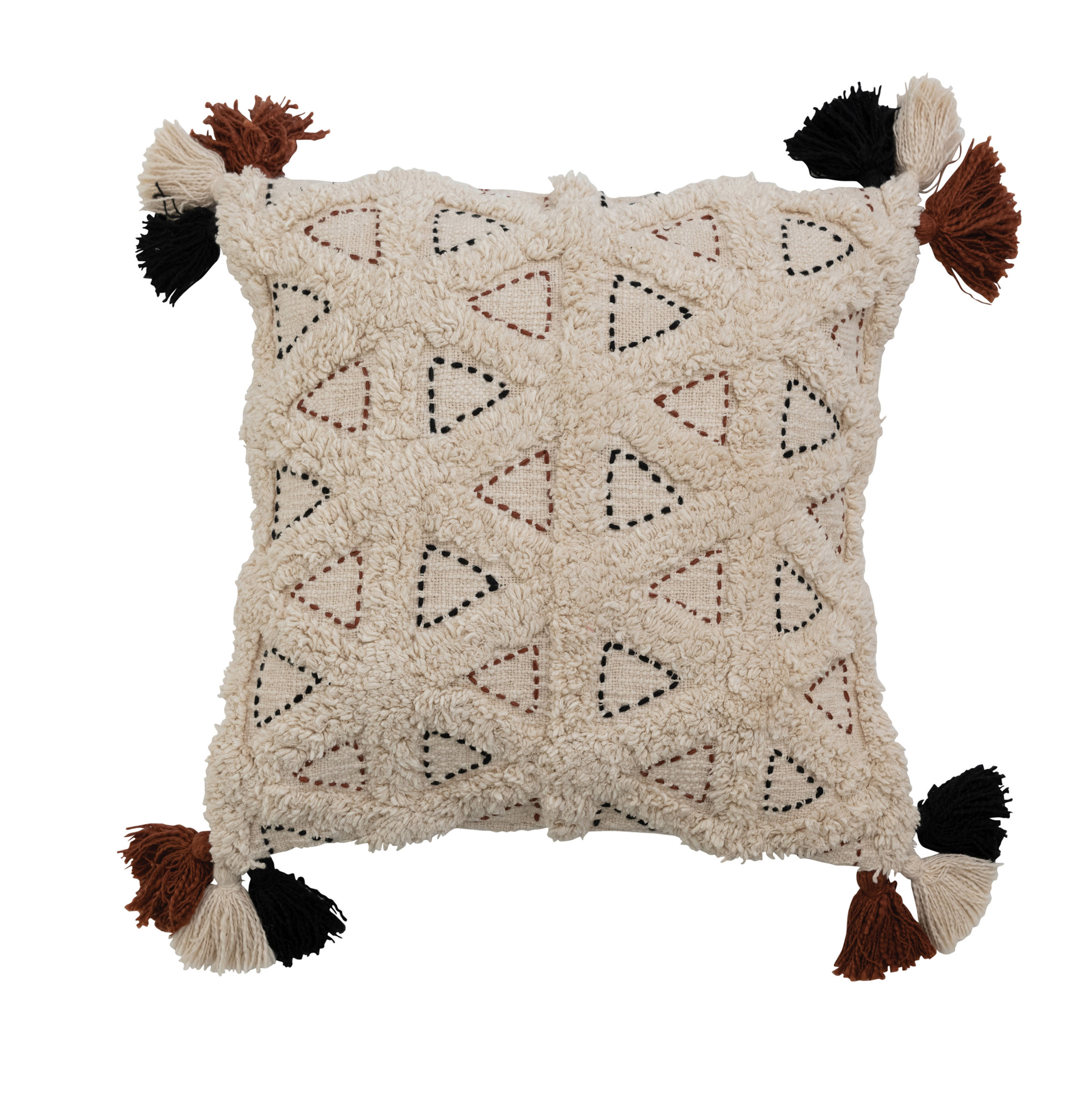 Cotton Slub Tufted Pillow Cover with Kantha Stitch and Tassels ...