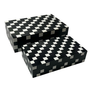 Resin, S/2 10/12" Diagonal Square Boxes, Wt/blk - Contemporary ...