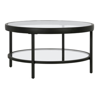 32" Black Glass Round Coffee Table With Shelf - Transitional - Coffee ...