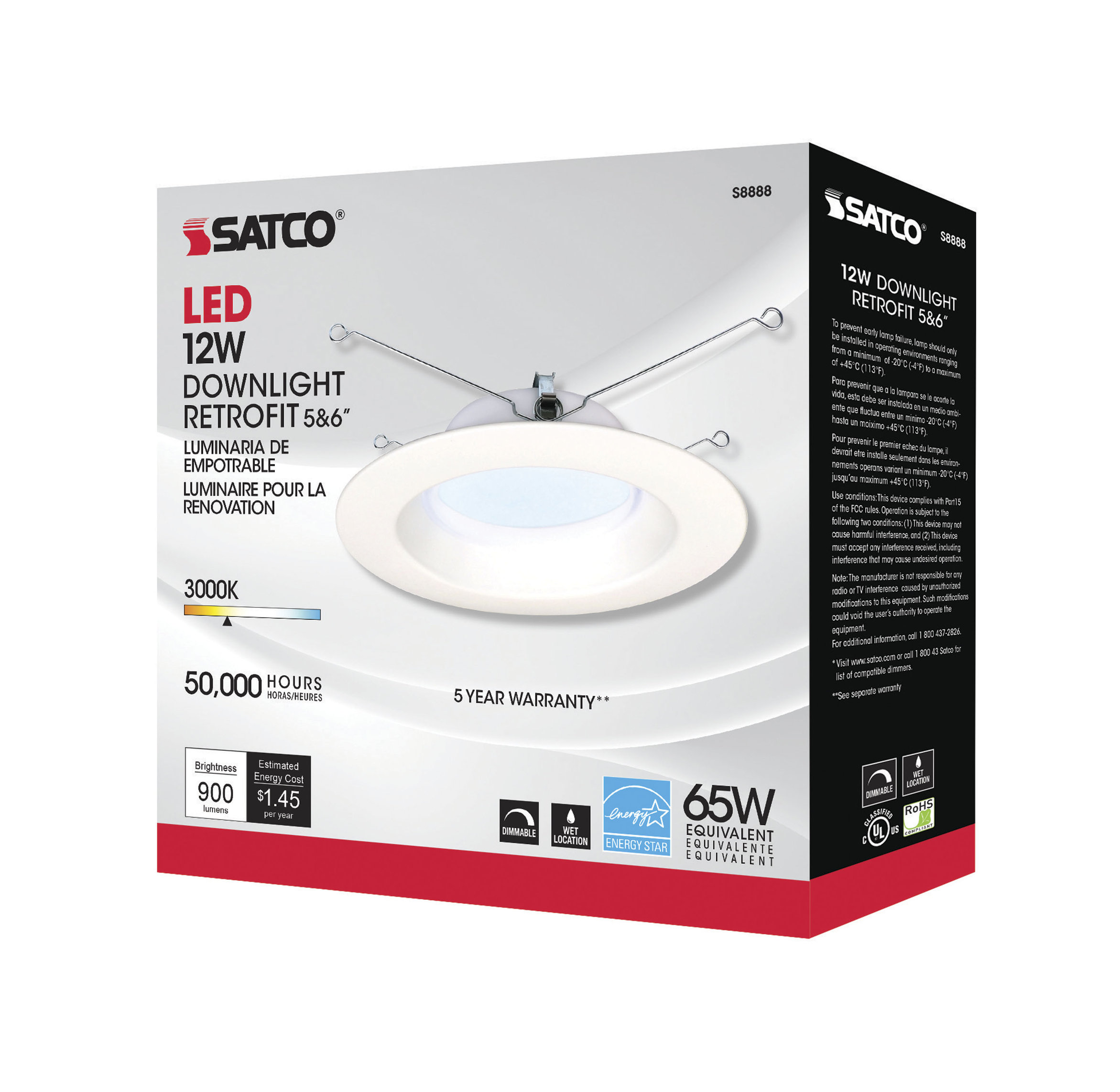 12 watt LED Downlight Retrofit - 5 - 6" - 3000K - Dimmable - 120 volts ...