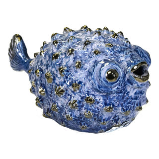 Blue Ceramic Puffer Fish 10" - Beach Style - Decorative Objects And ...