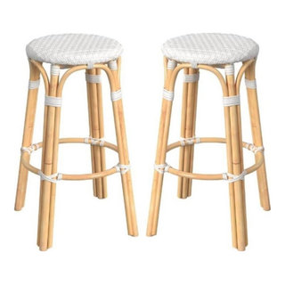 Home Square 30" Round Rattan Bar Stool in Glossy White - Set of 2 - Bar ...