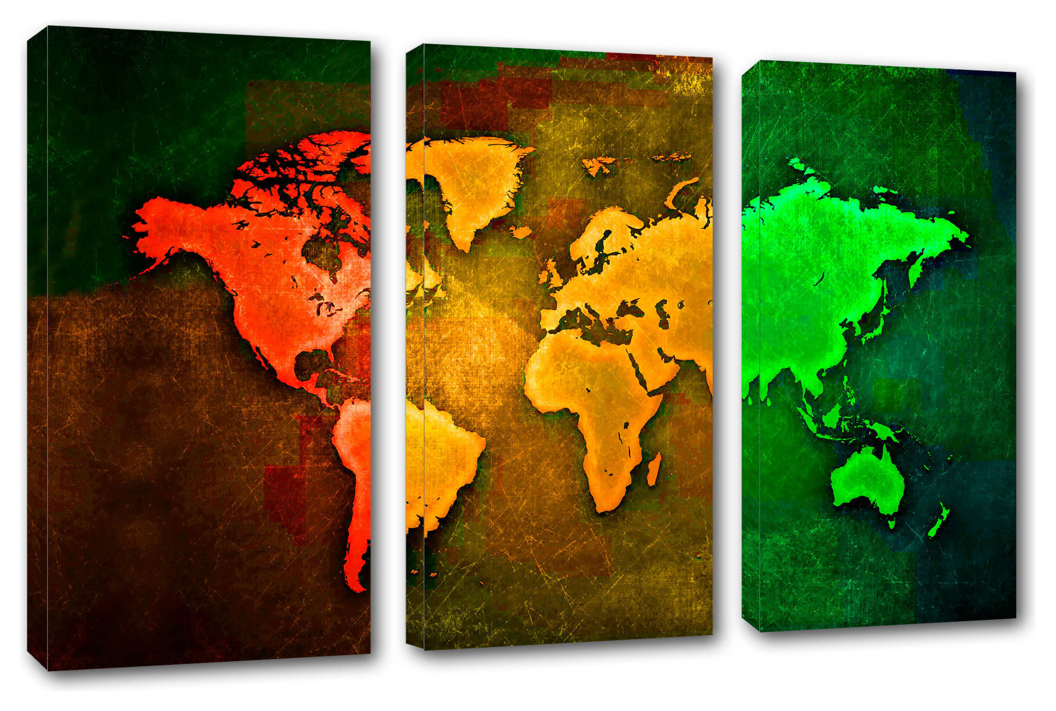 Color World Map, Pop Art Canvas Print 3 Panel Split, Triptych Wall Art ...