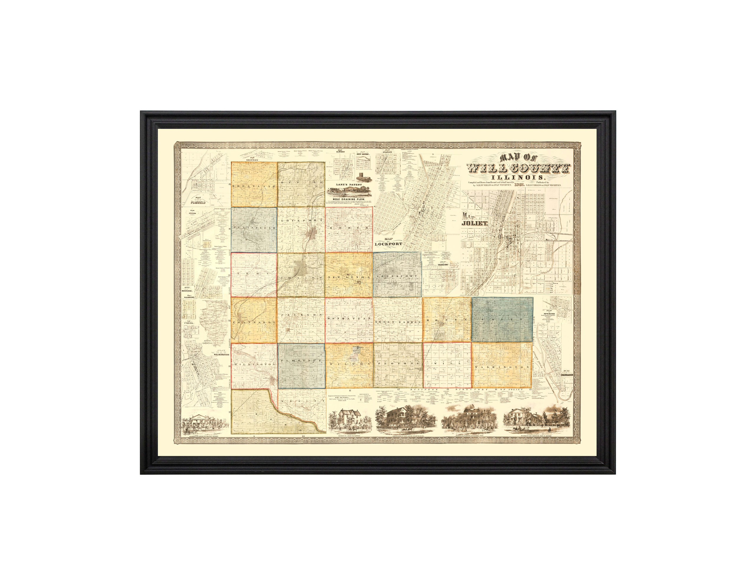 Will County Map Framed Art 1864, Vintage Illinois Wall Decor, 24x18 ...
