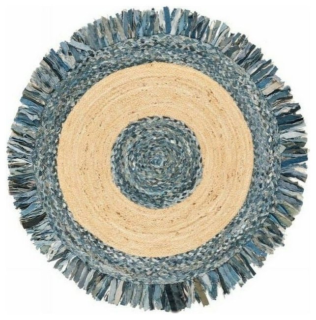 Handmade Bohemian Round Rug, Blue Cotton and Natural Jute with Fringe ...