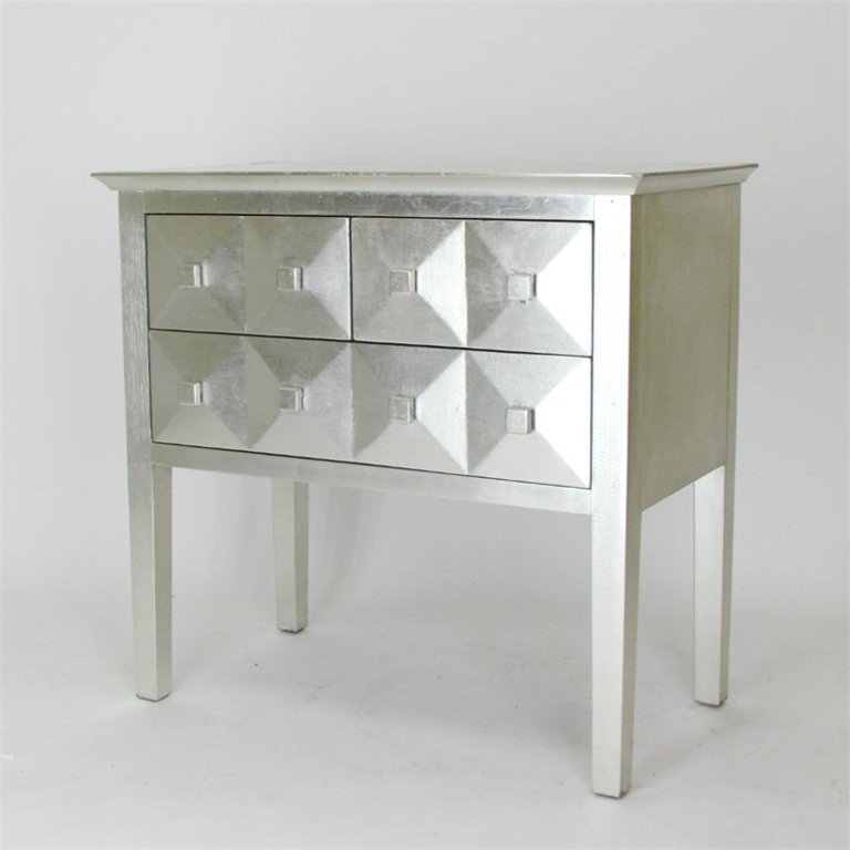 Contemporary Console Table, Geometric Accented Drawers, Metallic Silver ...