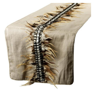 Beige Table Runner Linen Fabric with Feathers & Crystal -Feather Dream, 14"x48" - Contemporary ...