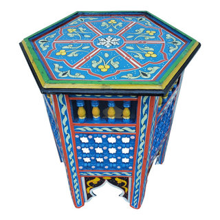 Moroccan Hexagonal Wooden Side Table, Musharabi Blue 2 - Mediterranean - Side Tables And End ...