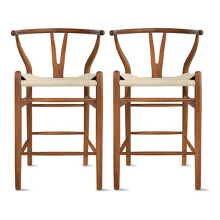 Set of 2 Wishbone Wood Elbow Barstool with Y Back, Woven Beige Seat ...