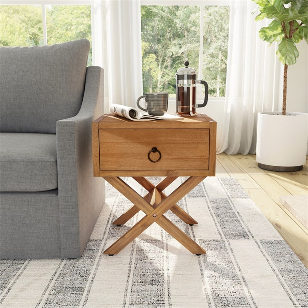 Home Square Wood One Drawer End Table in Natural Finish - Set of 2 ...