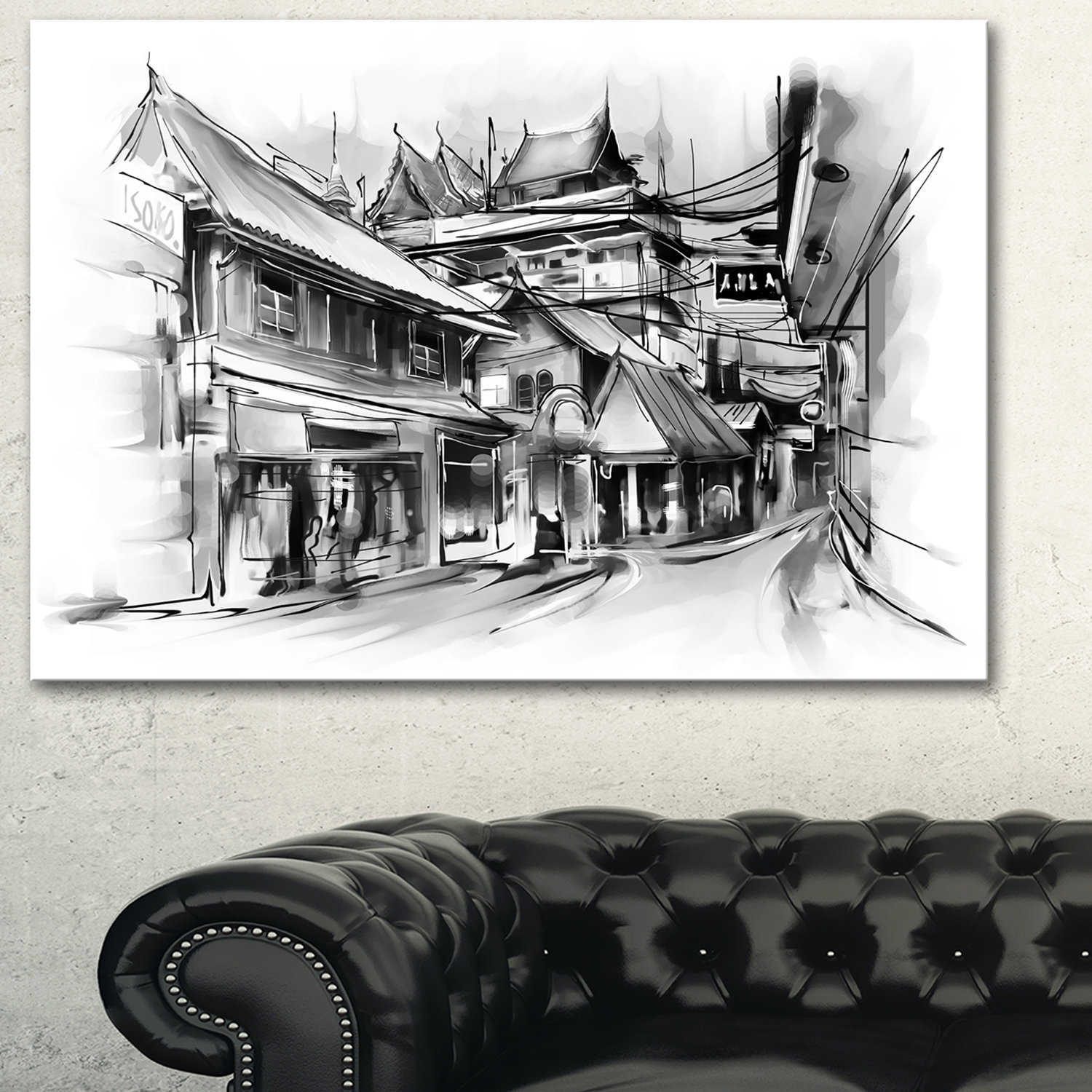 "City Street Illustration" Cityscape Canvas Art Print, 32"x16 ...