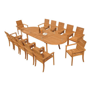 13-Piece Outdoor Teak Dining Set: 117" Oval Table, 12 Alps Stacking Arm ...