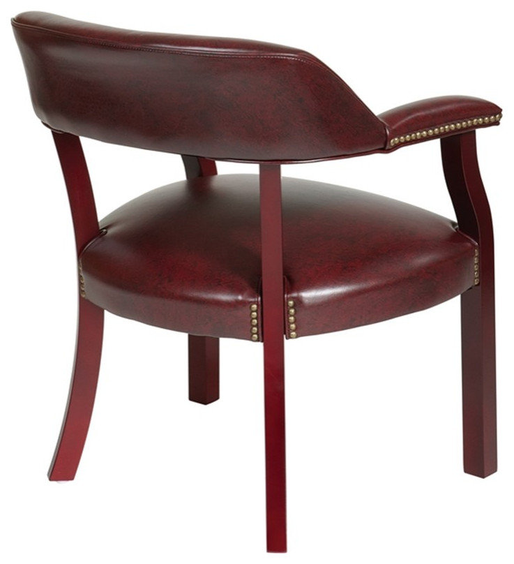 Traditional Guest Chair in Oxblood Red Vinyl and Mahogany Wood ...