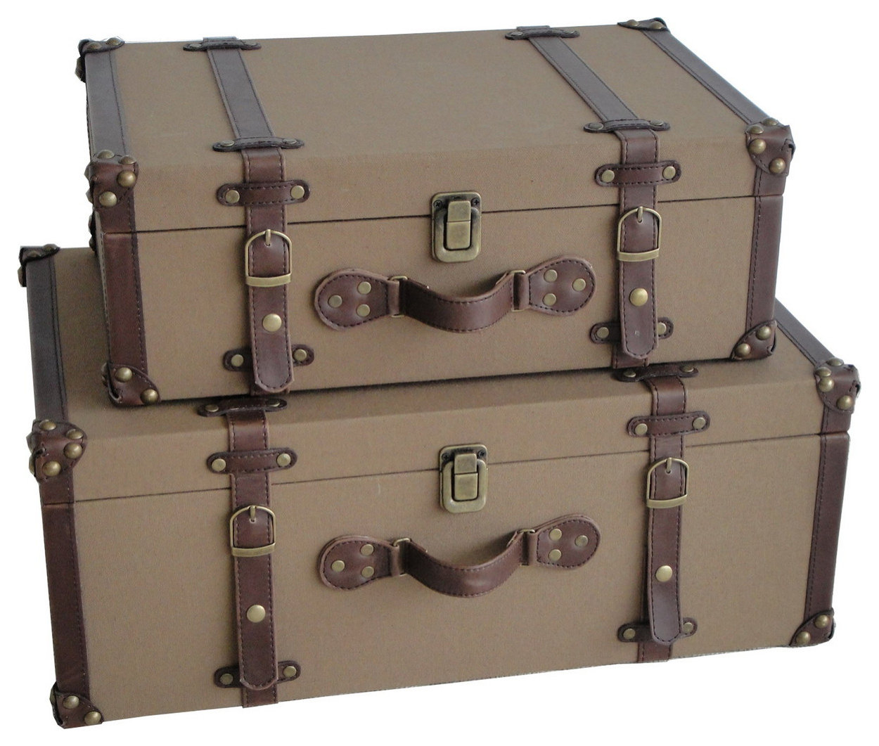 Fabric Upholstered Suitcase with Faux Leather Straps, Brown, Set of 2 ...