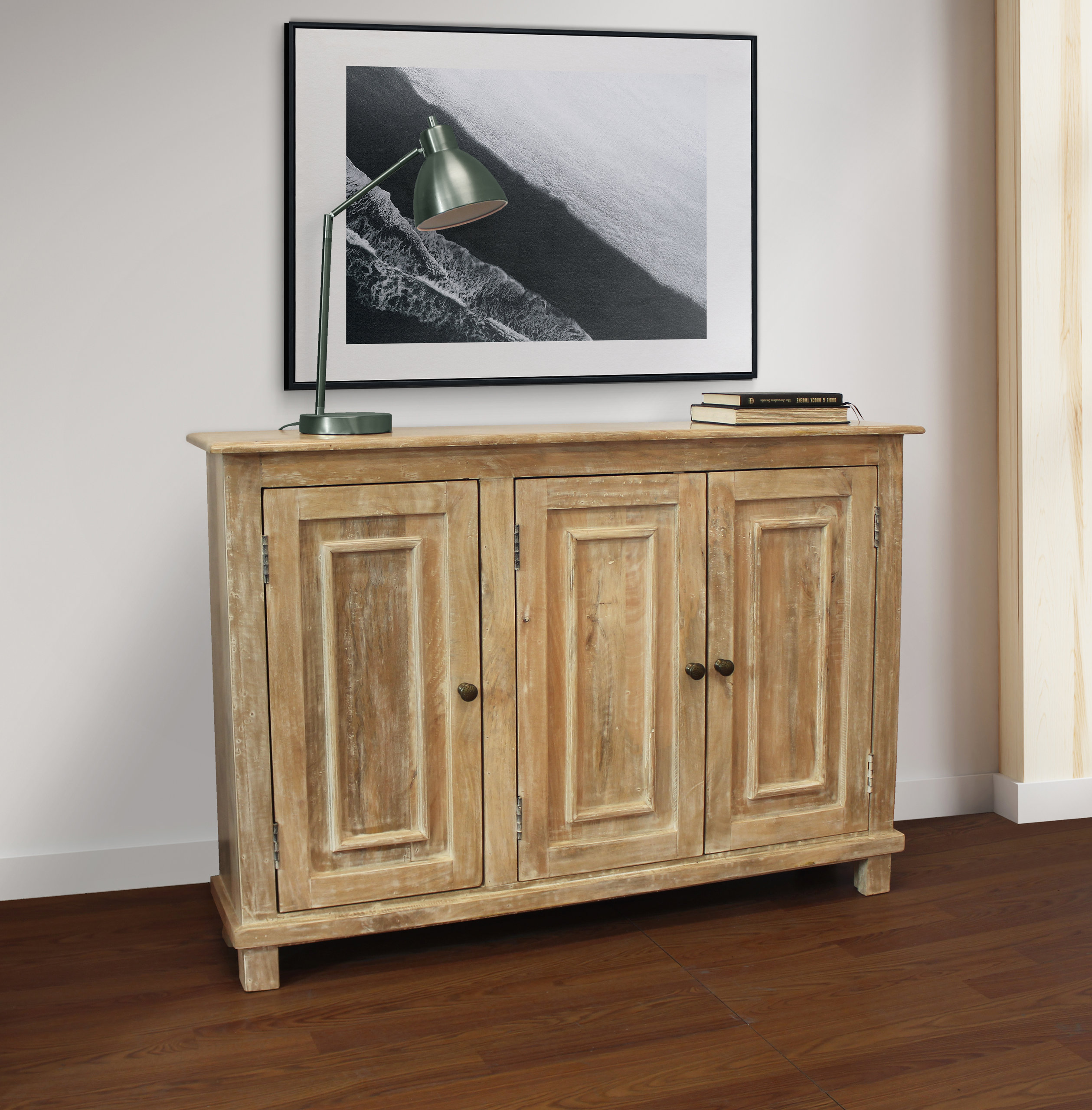 Bayside Jensen 3-Door Solid Wood Sideboard, Distressed Natural Finish ...