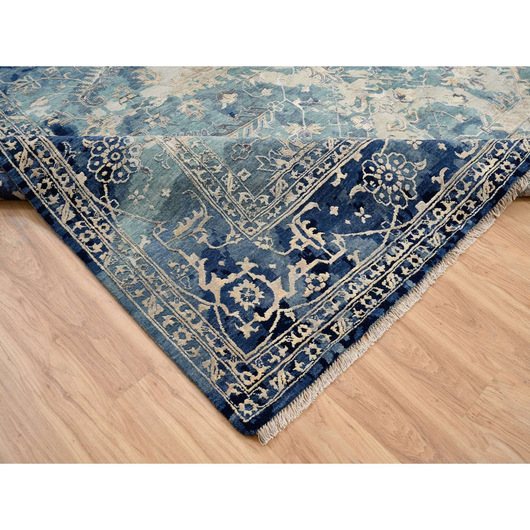 Blue/Teal Persian Heriz Erased Wool And Silk Hand Knotted Square Rug ...