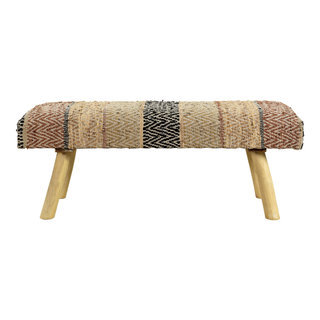 Chindi Boho Chevron Striped Natural Wood Accent Bench, Tan Black Brown ...