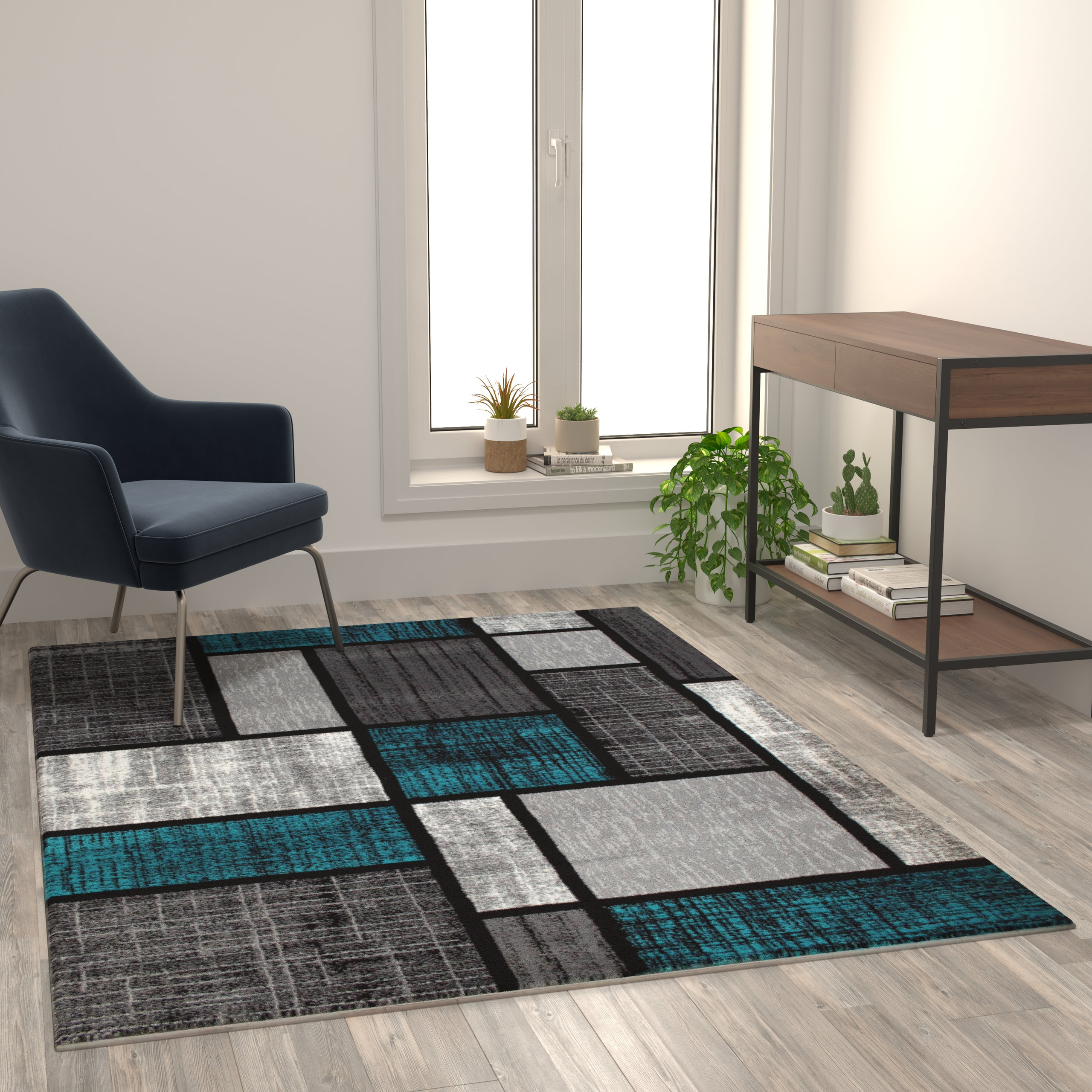 Clifton Collection Rectangle 5' x 7' Turquoise Color Bricked Area Rug ...