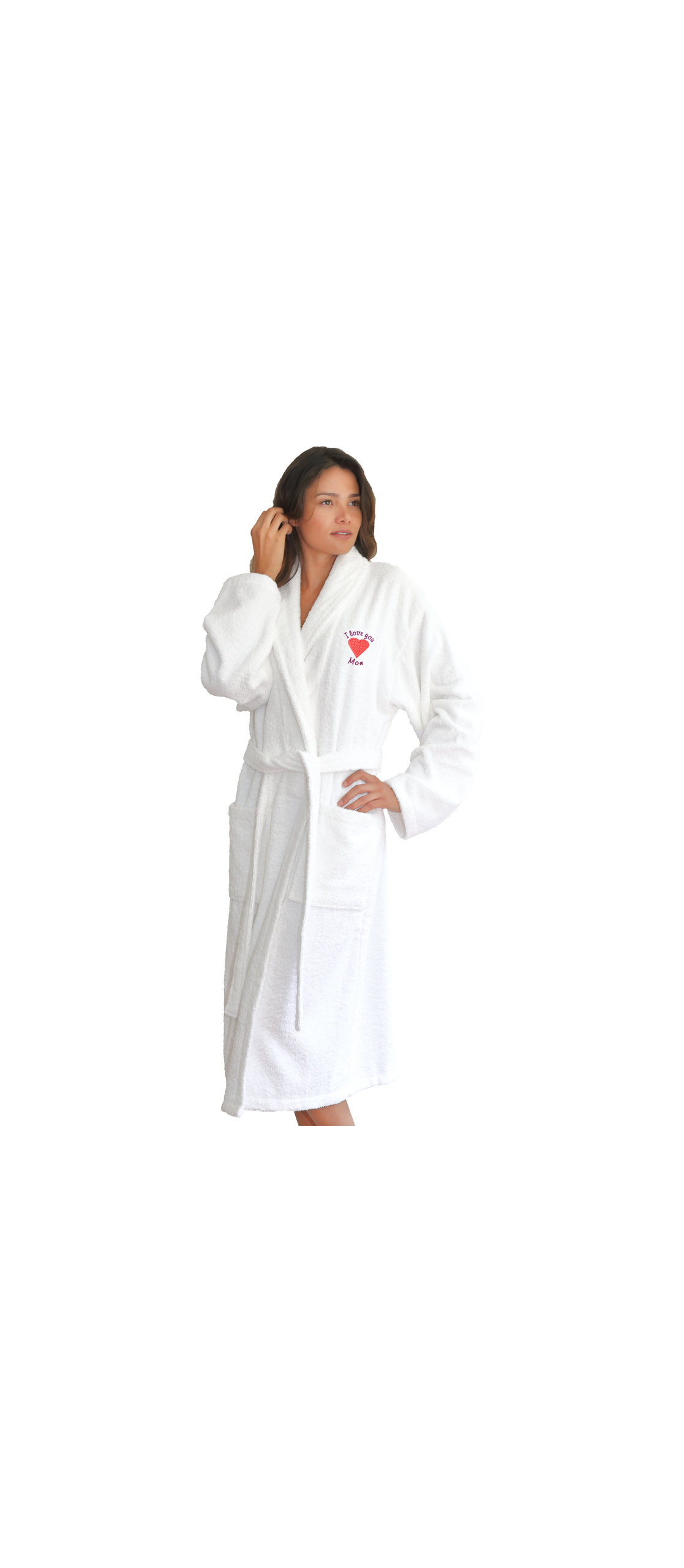 "I Love You Mom" Embroidered White Terry Bathrobe, Pink Heart, Large ...