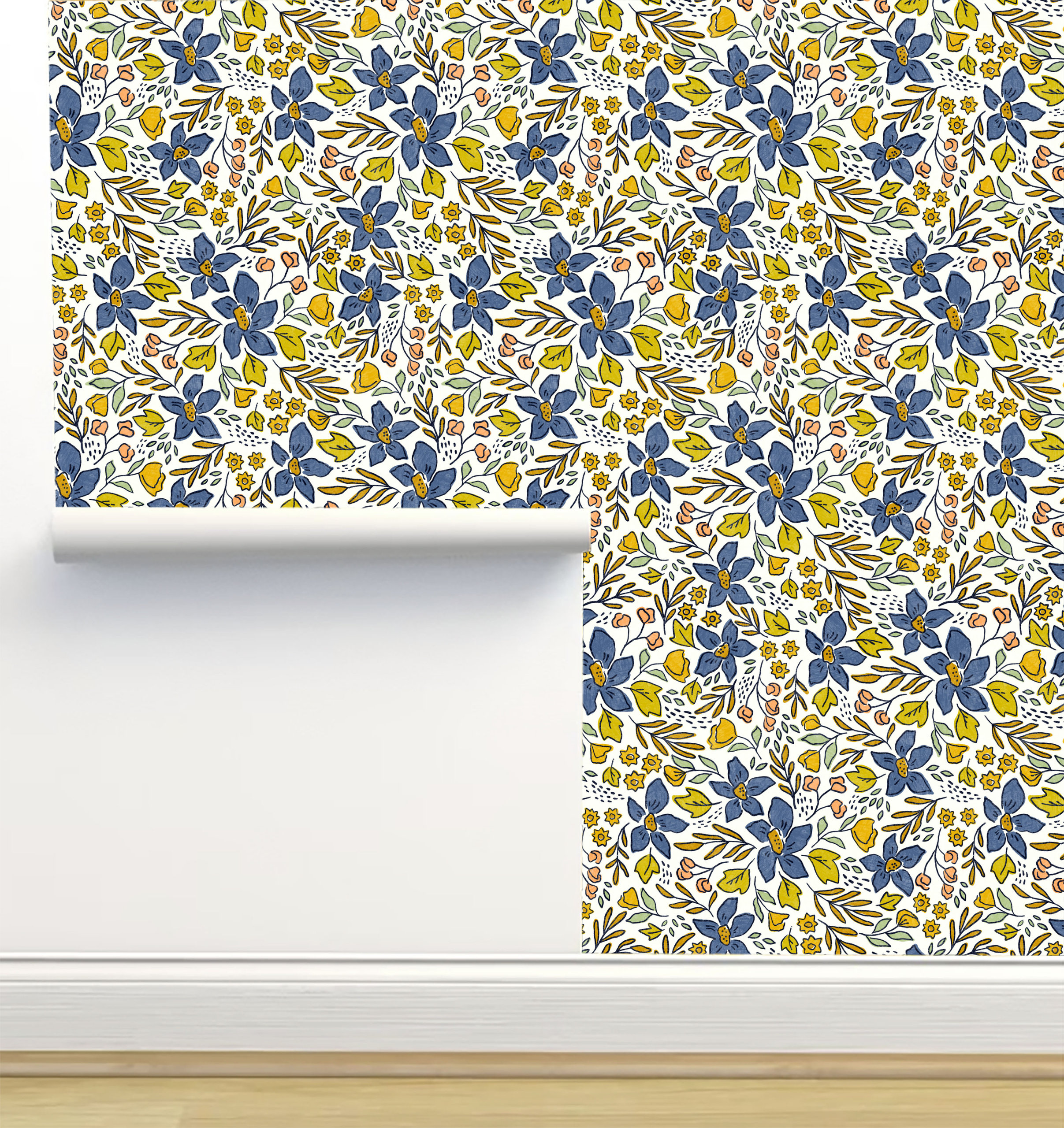Maude Blue and Gold Wallpaper, Sample 12"x8" - Contemporary - Wallpaper ...