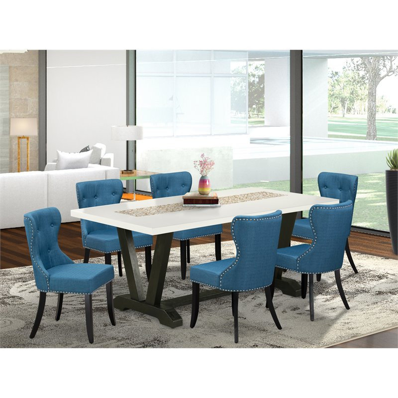 East West Furniture V-Style 7-piece Wood Dinette Set in White/Black - Transitional - Dining Sets ...