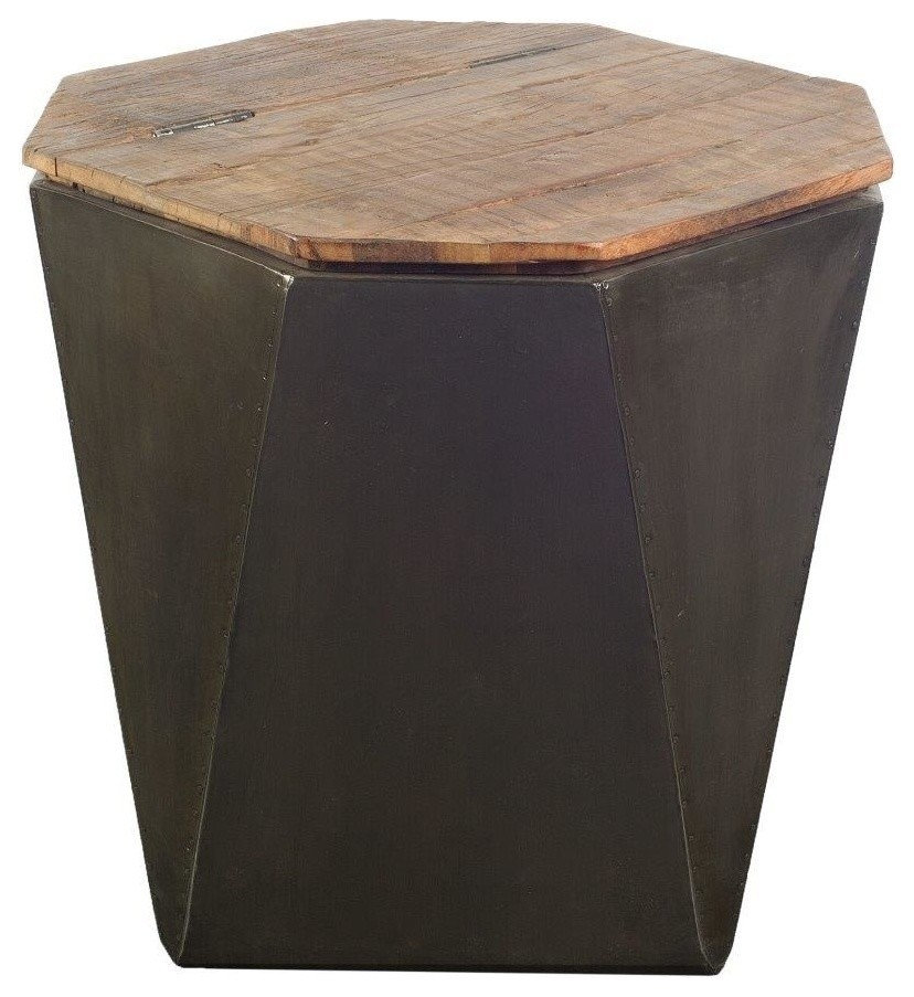 Esagono Black Metal & Reclaimed Wood Octagonal Side Table w/Hidden ...