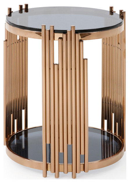 Round Shaped End Table with Smoked Glass Top and Metal Pipe Frame Gold ...