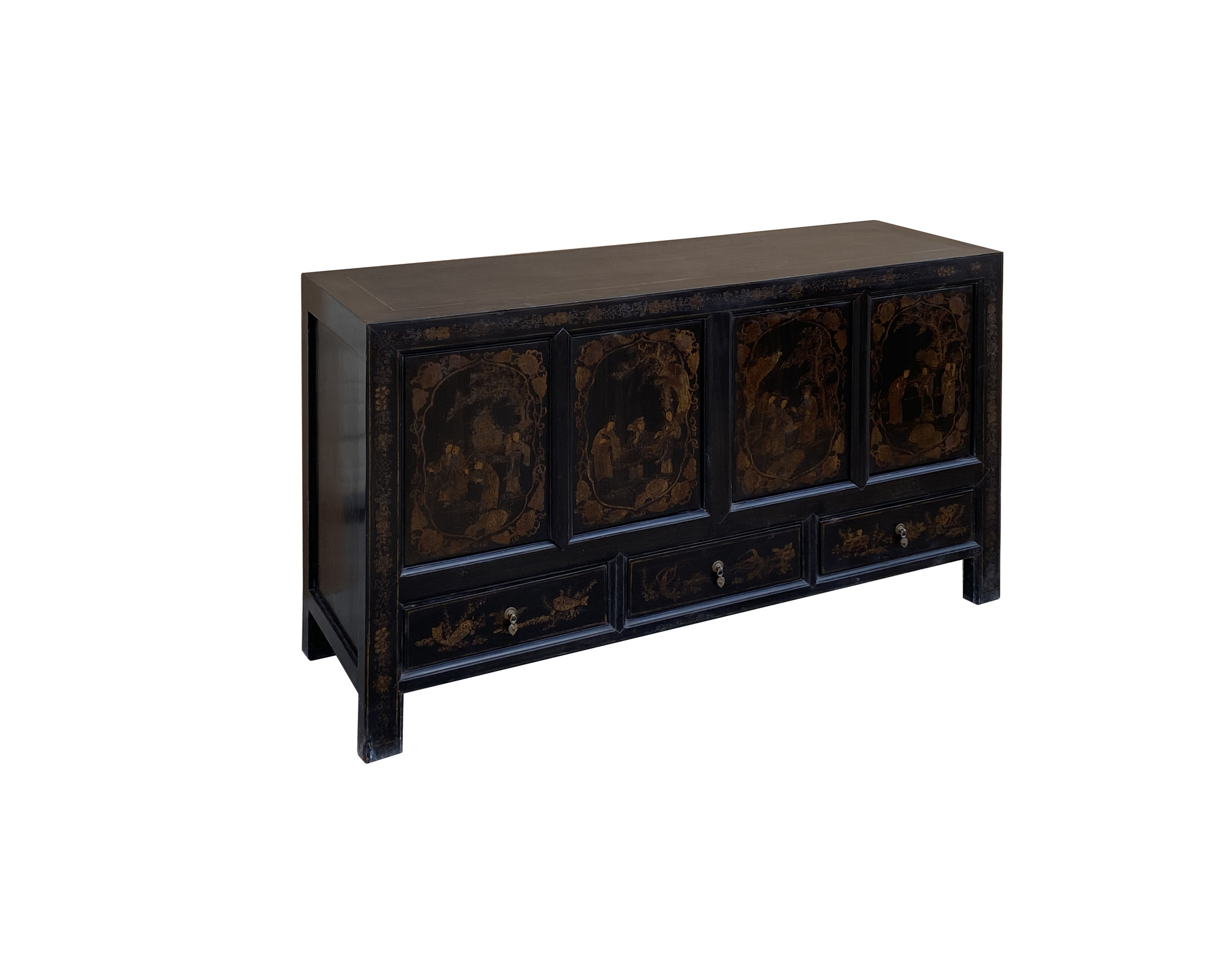 Chinese Distressed Black Golden Graphic TV Console Table Cabinet ...