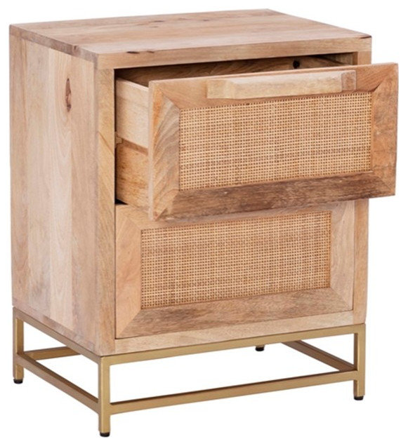 Linon Josie Wood 2 Drawer Side Table Cane Detailing Gold Metal Base in ...