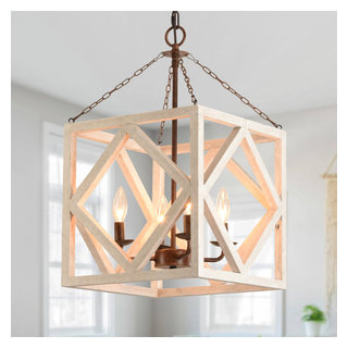 Belladepot 4-Light White/Grey Cube Wooden Mid-Century Chandelier ...