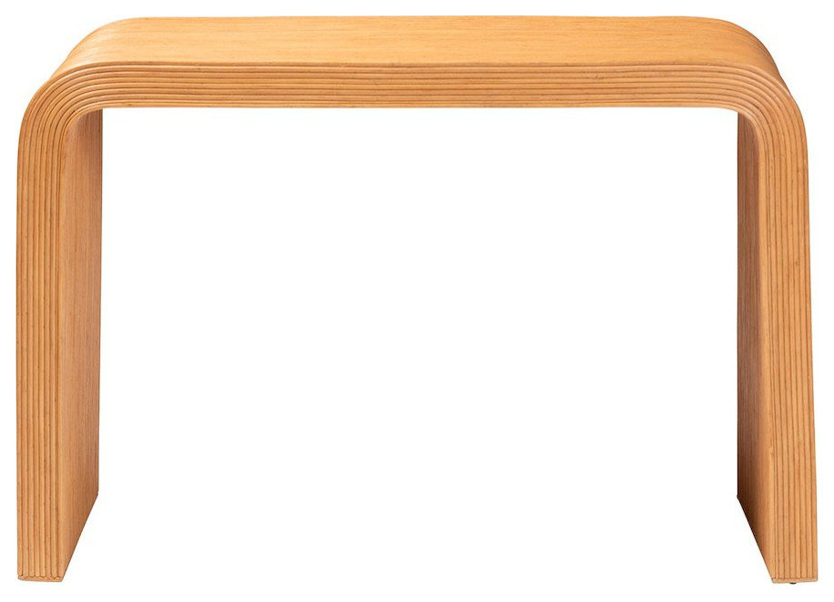 Guevara Bohemian Light Honey Fluted Rattan Console Table - Midcentury ...