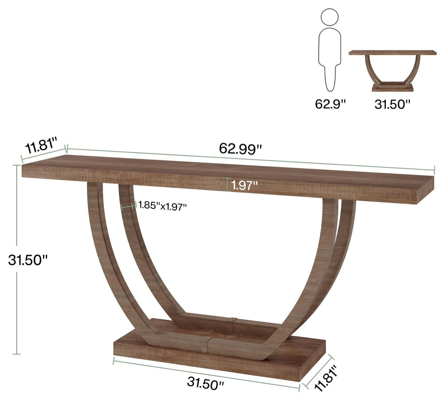 Narrow Rustic Console Table with U-Shaped Base and Spacious MDF ...