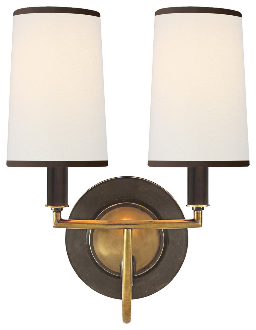 Elkins Double Sconce in Bronze and Hand-Rubbed Antique Brass with Linen ...